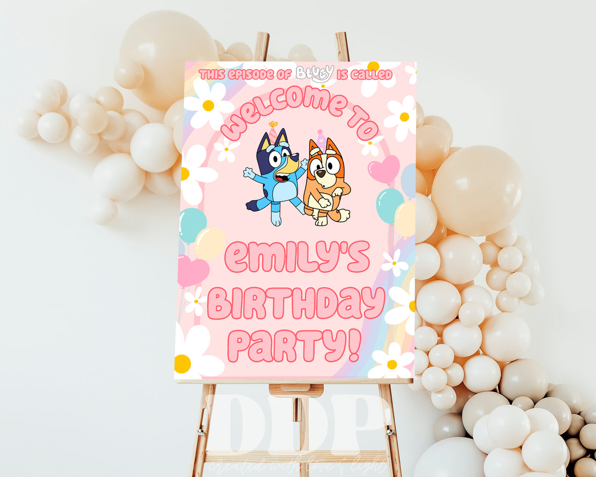 Bluey Pink Daisy Birthday Welcome Sign | Blue Heeler Party Supplies Ed ...