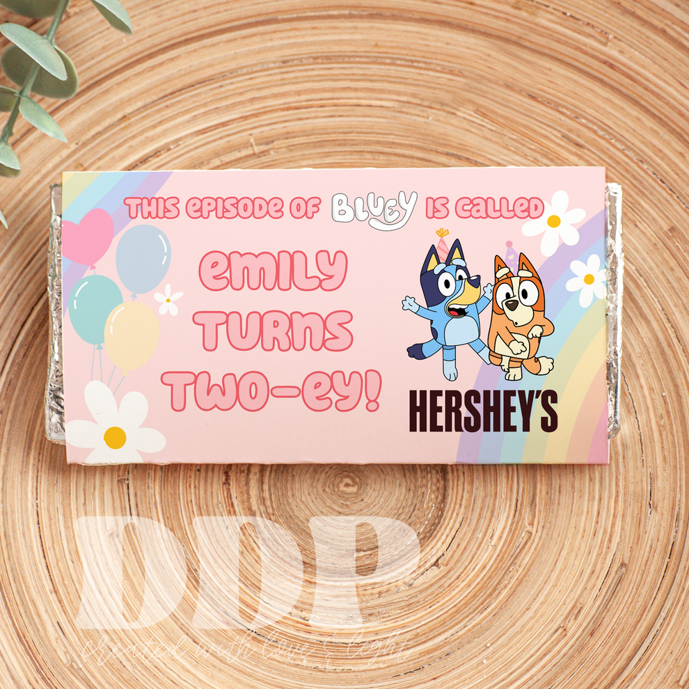 Bluey Chocolate Bar Label | Pink Daisy Blue Dog Birthday Party Decor ...