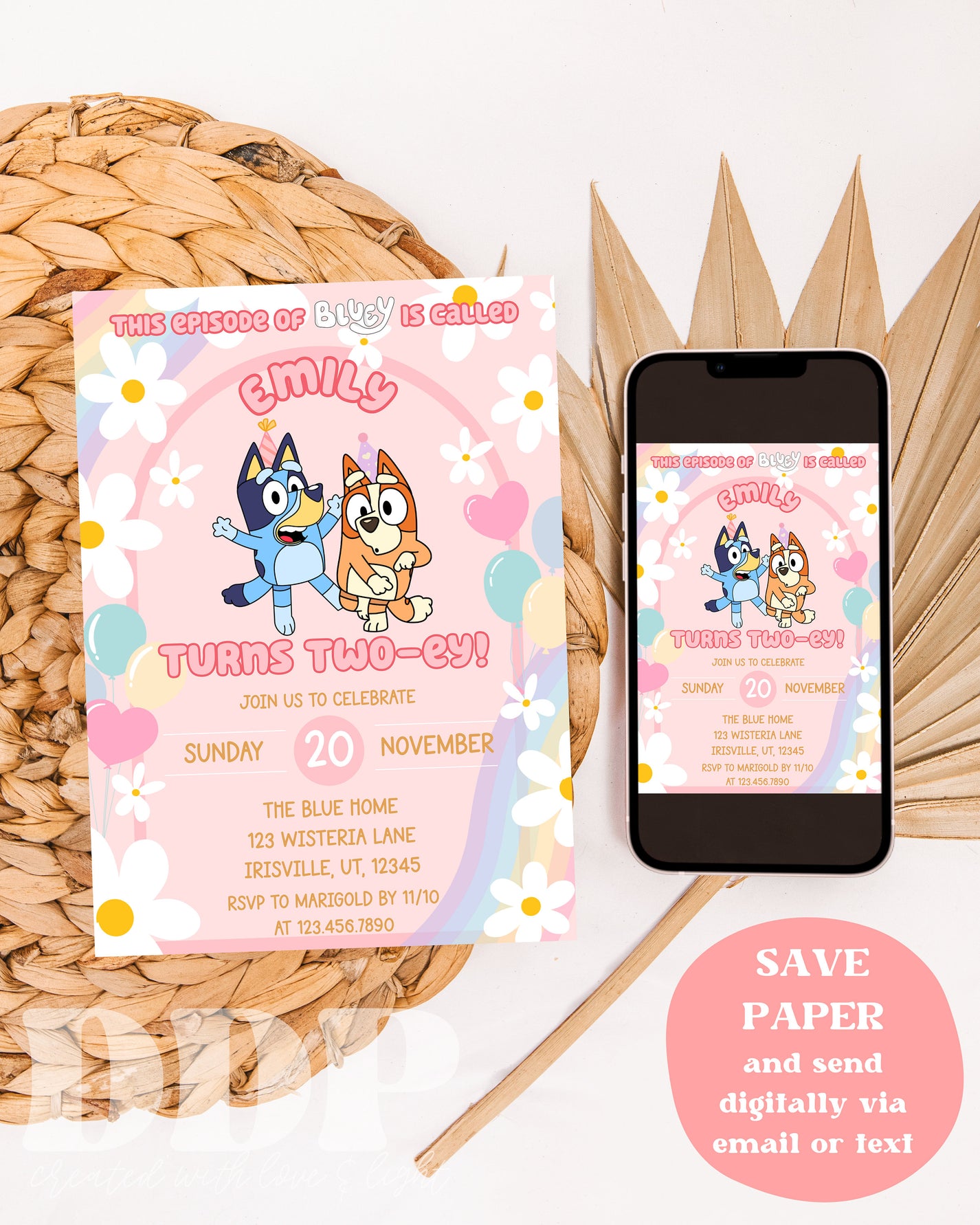 Bluey Pink Daisy Invitation | Blue Heeler Dog Inspired Girls Birthday ...